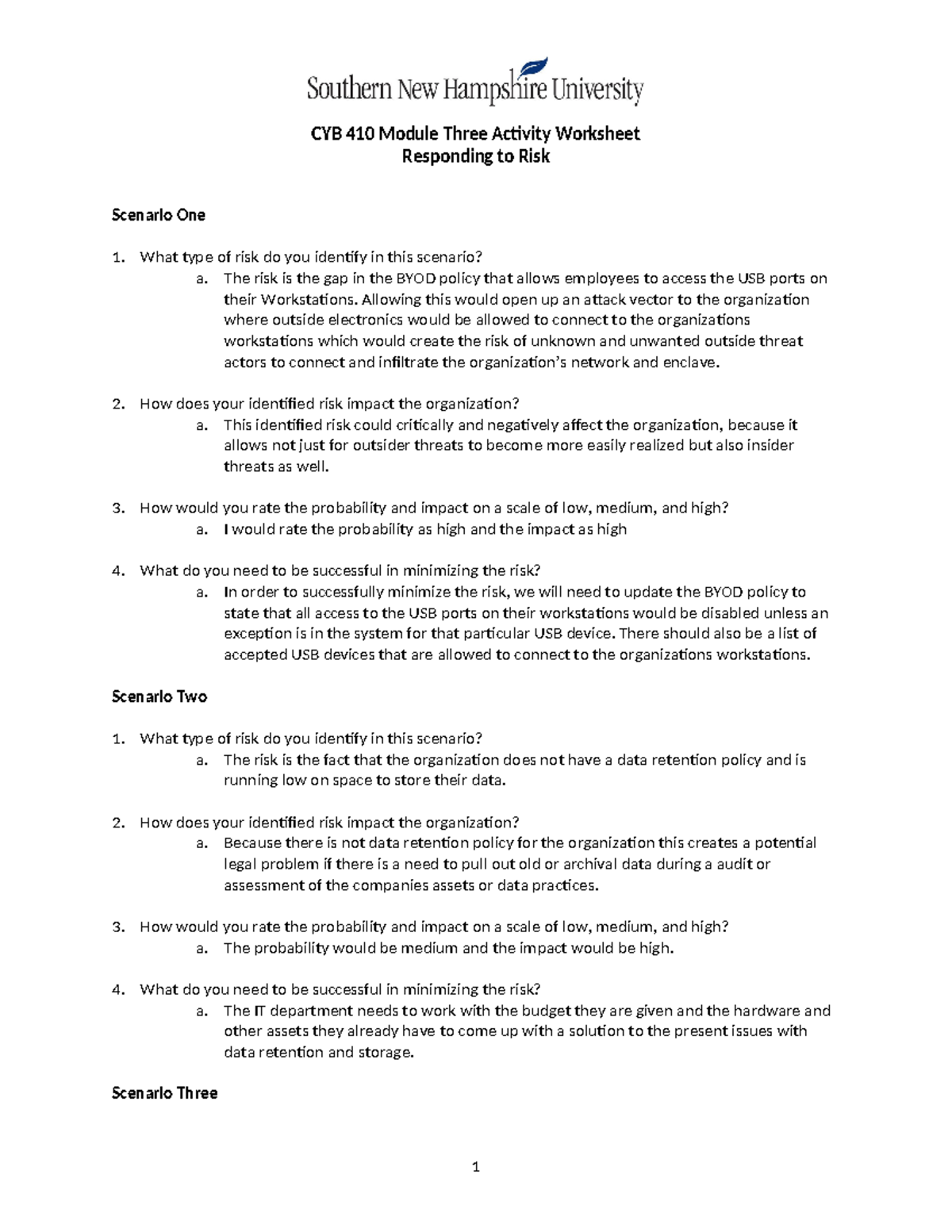 CYB 410 Module 3 Risk Response Activity Worksheet - Studocu