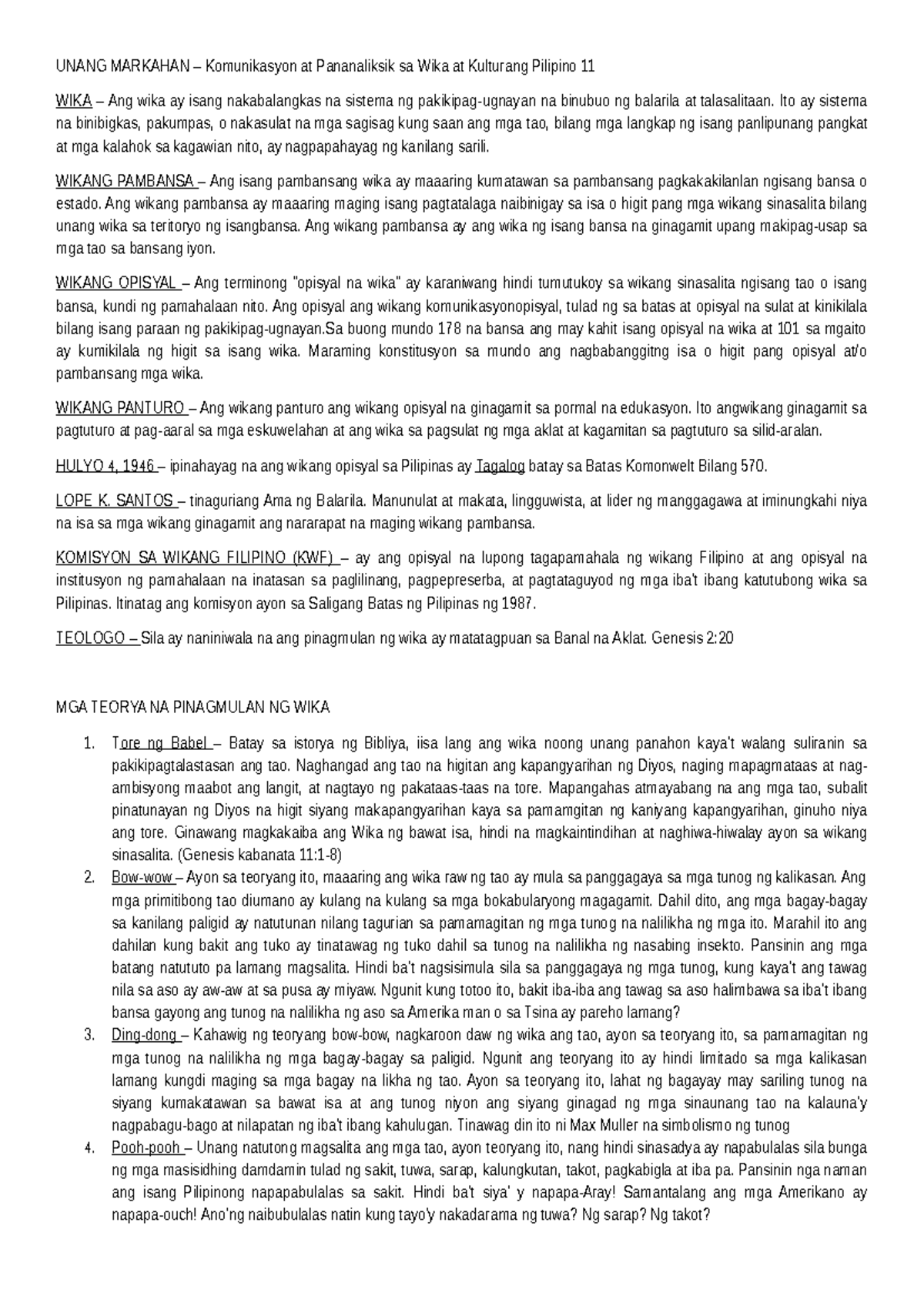UNANG MARKAHAN: Komunikasyon at Pananaliksik sa Wika at Kulturang Pilipino 11 - Studocu