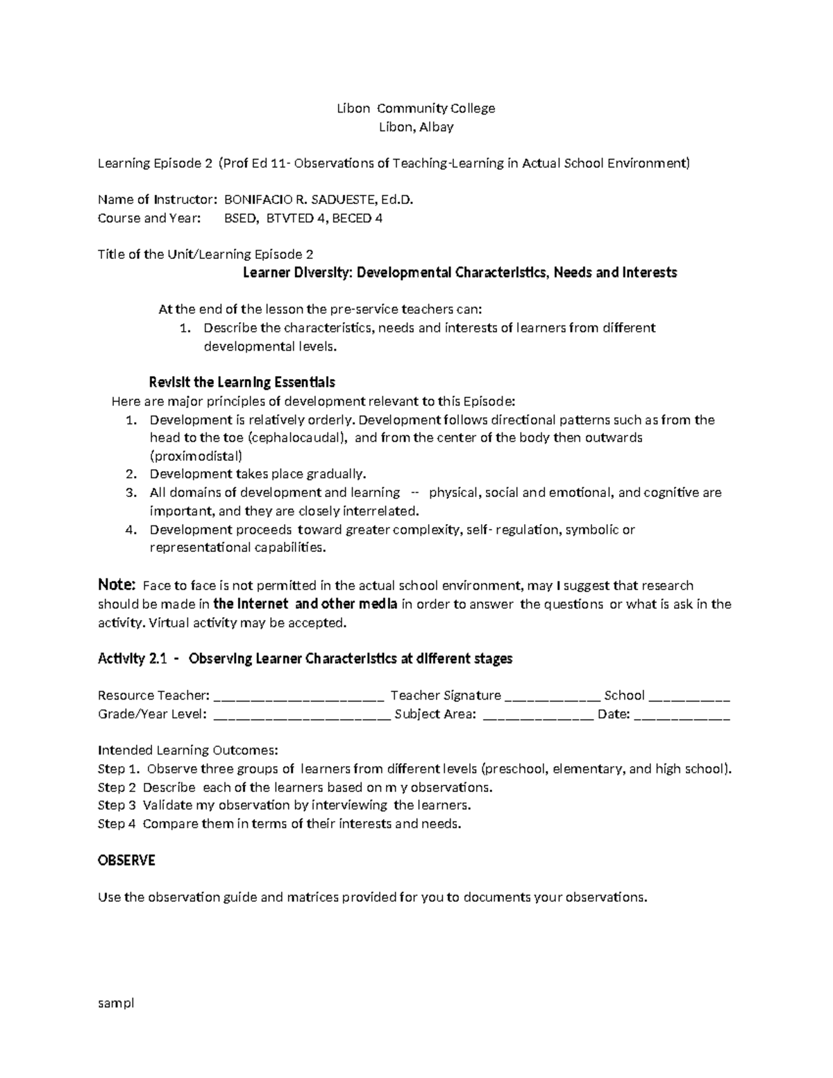 BSED/BTVTED 4 Learner Diversity: Developmental Characteristics ...