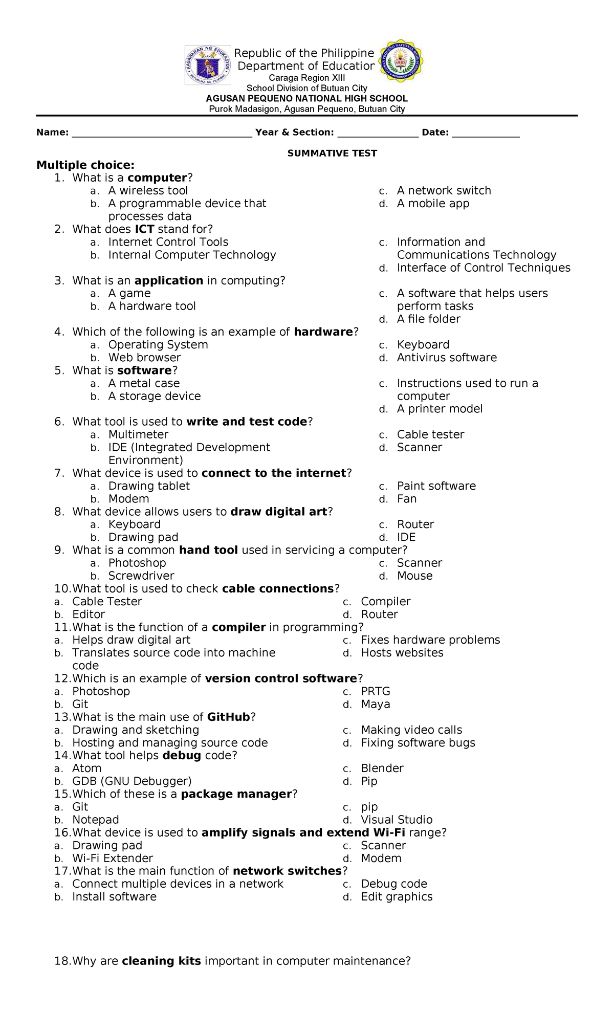 COMPUTER ICF GRADE 8: Summative Test Questions and Answers - Studocu