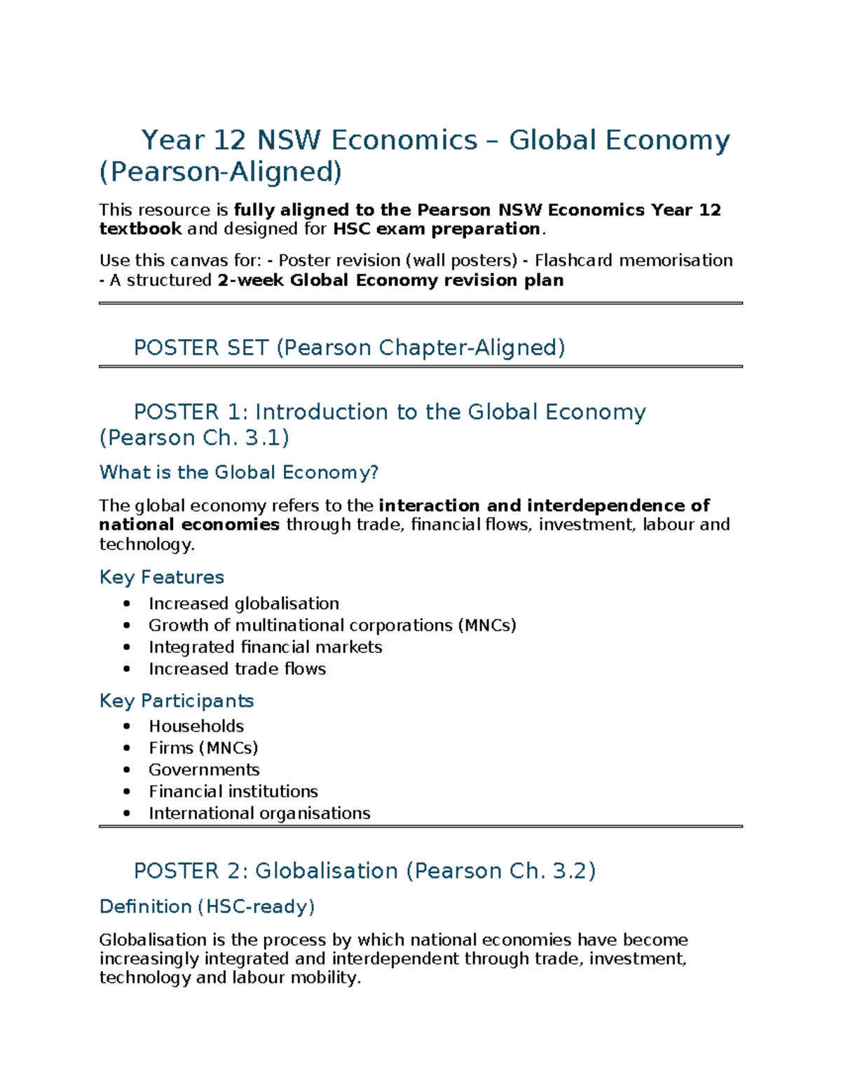 Year 12 NSW Economics - Global Economy Exam Prep Posters - Studocu