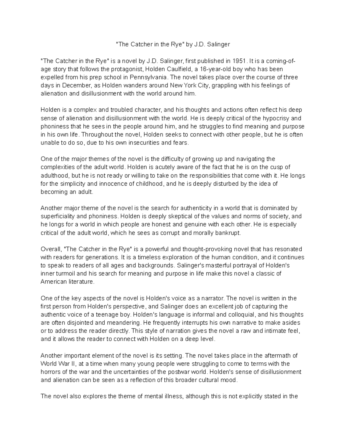 The Catcher in the Rye by J.D. Salinger - "The Catcher in the Rye" by J ...