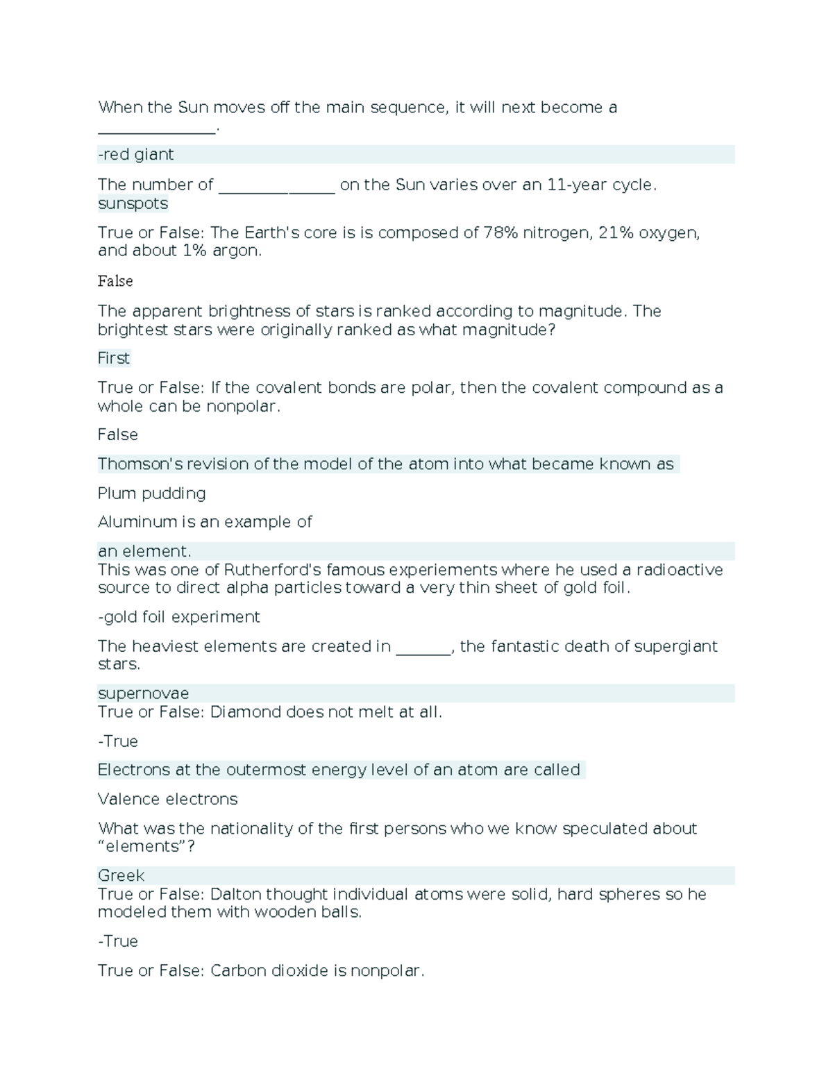 Science Quiz Q1: Key Concepts and True/False Questions - Studocu