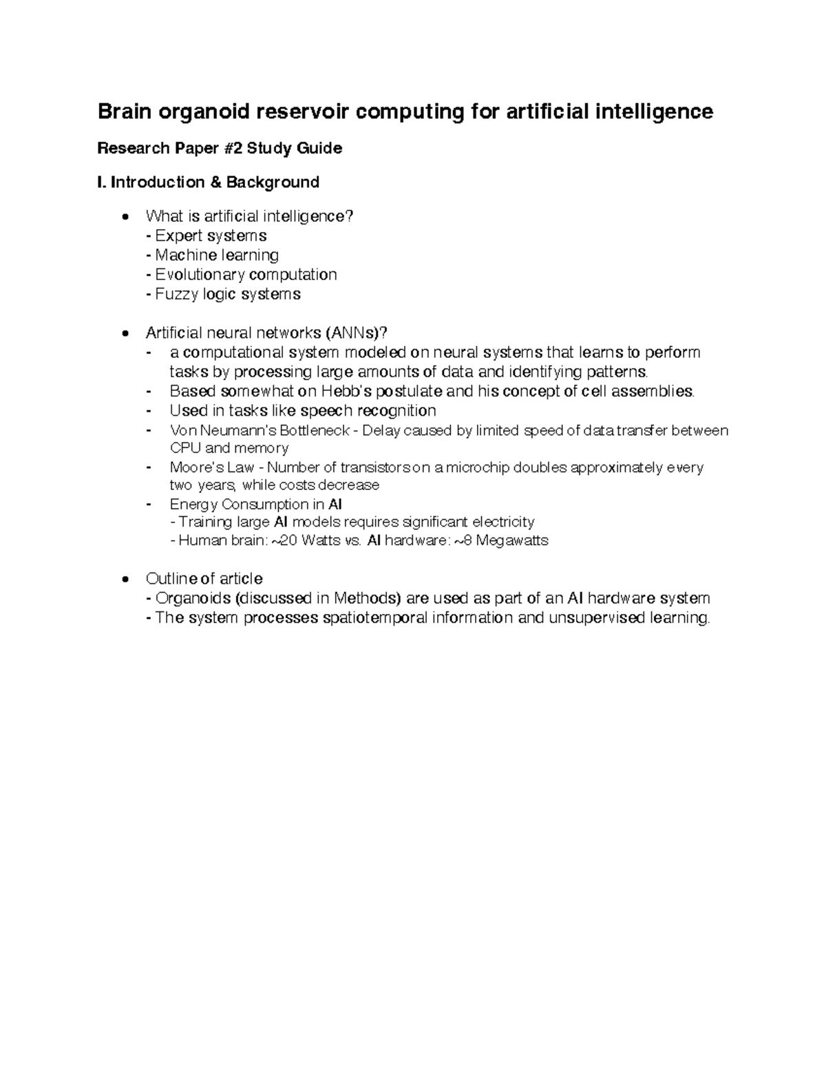 BrainOware: Study Guide on Brain Organoid Reservoir Computing for AI Research - Studocu