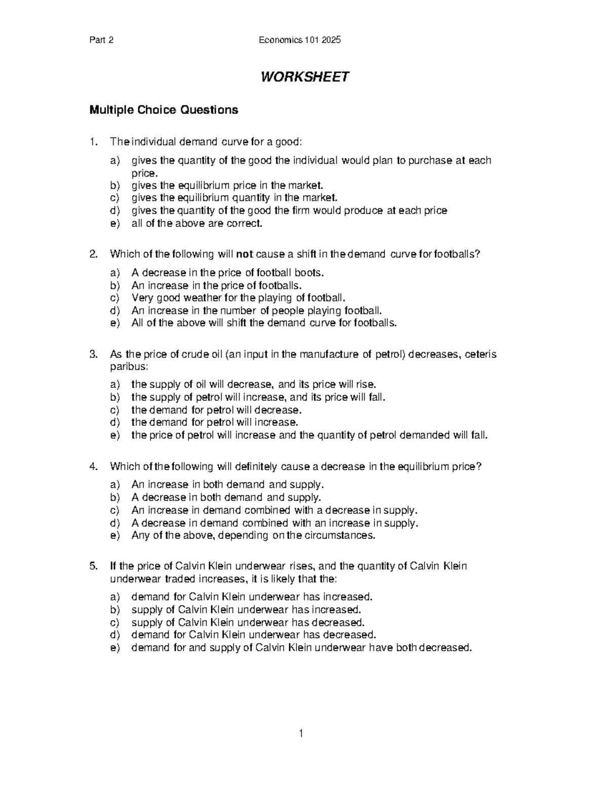 Worksheet for 2025-ECON 101: Demand & Supply Concepts and Applications ...