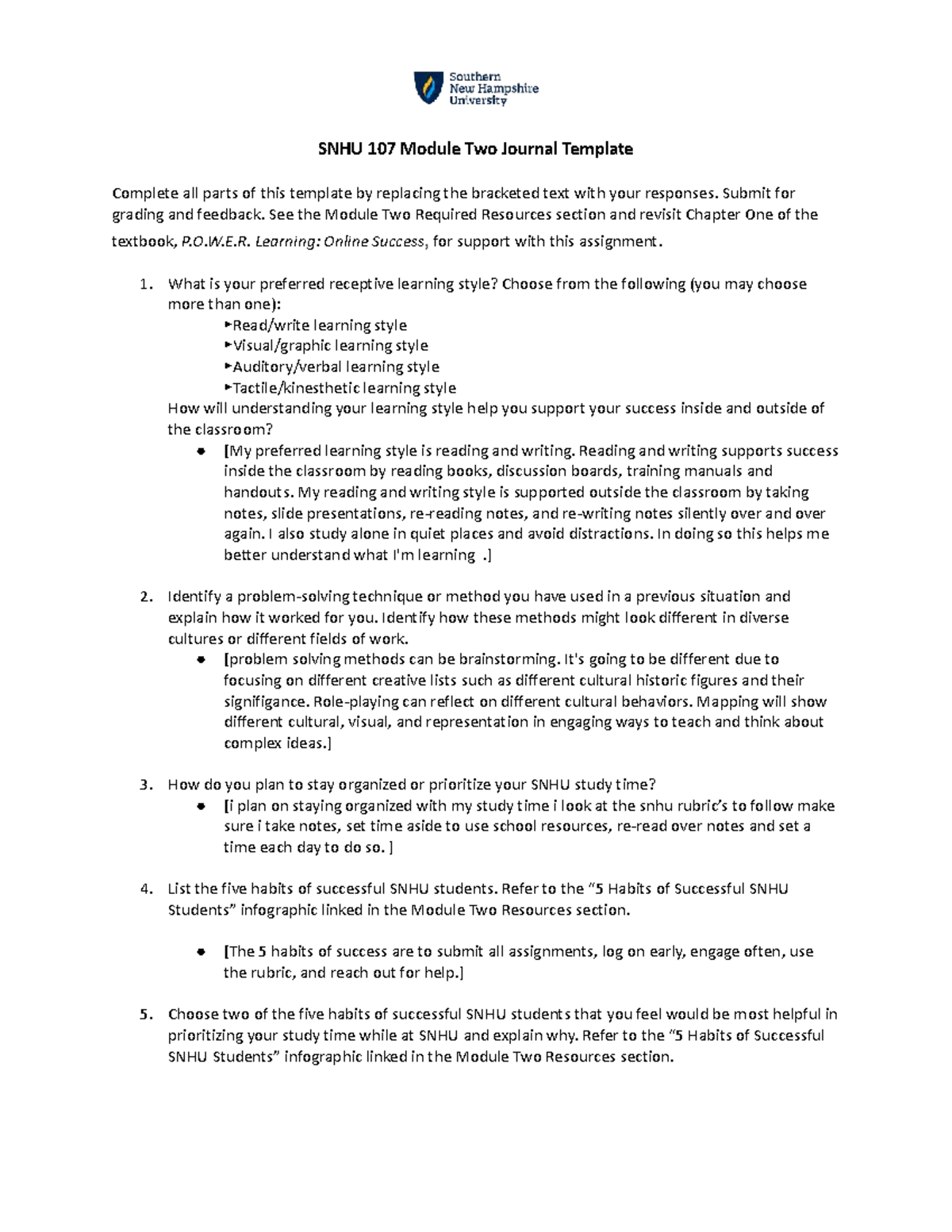 SNHU 107 Module Two Journal Template: Learning Styles & Success Habits ...