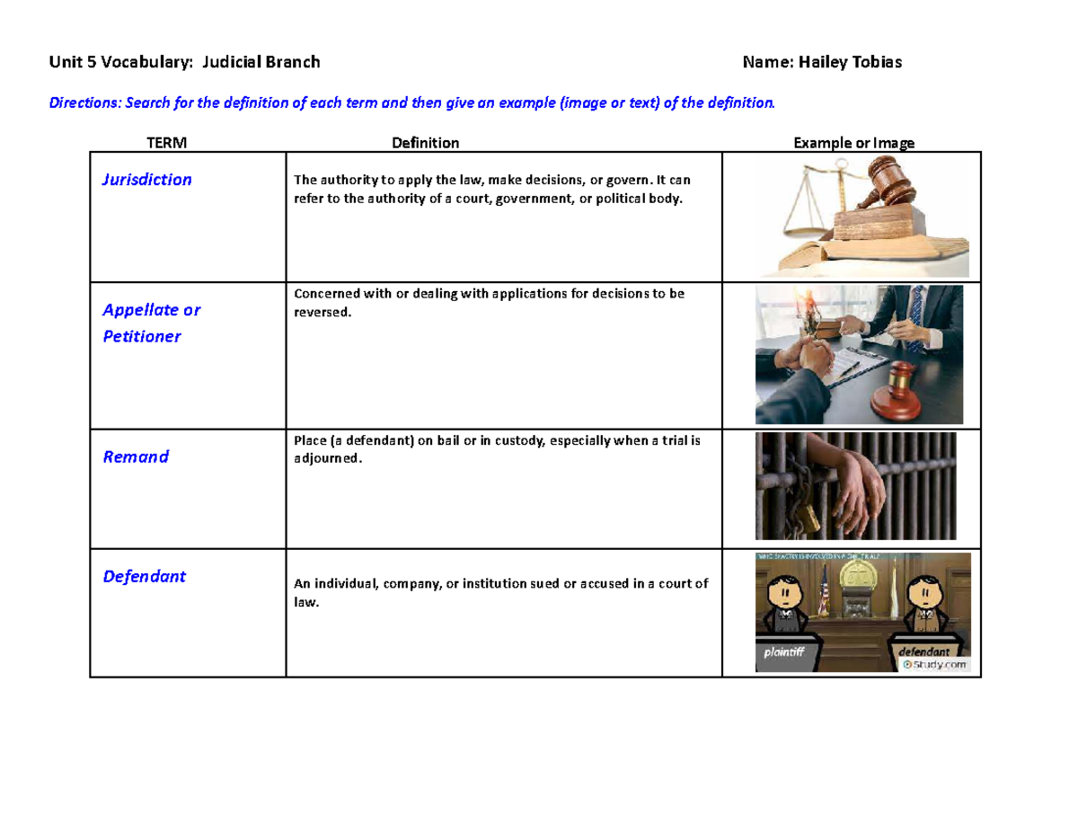 Copy of Unit 5 Vocabulary Judicial Branch (Students) - Unit 5 ...