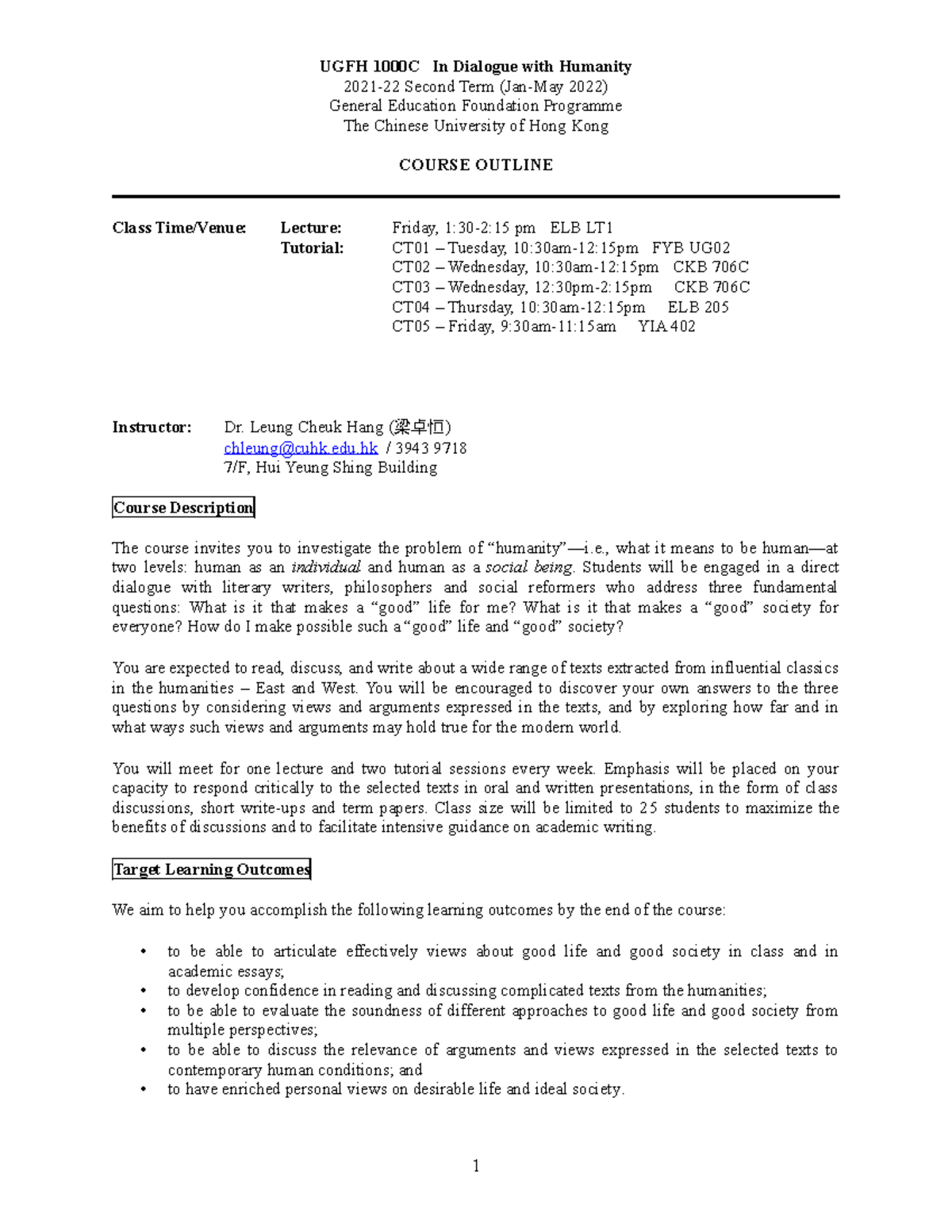 Course outline 21.22 2nd sem - UGFH 1000C In Dialogue with Humanity ...