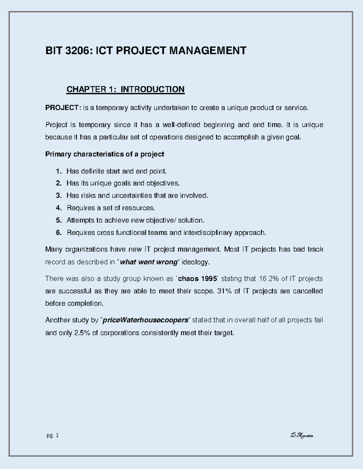 BIT 3206: Comprehensive Notes on ICT Project Management Principles ...