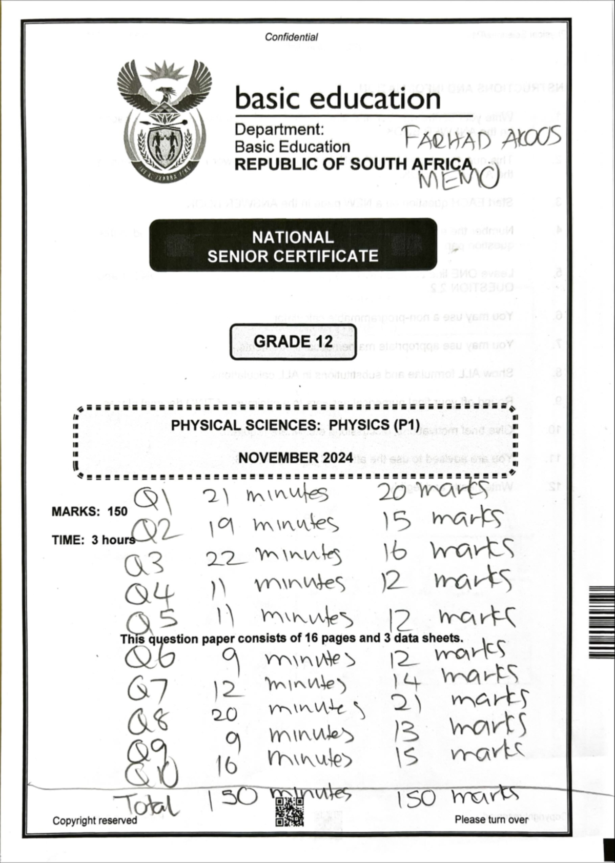 G12 Physical Sciences November 2024 Memo by Farhad Akoo - Studocu