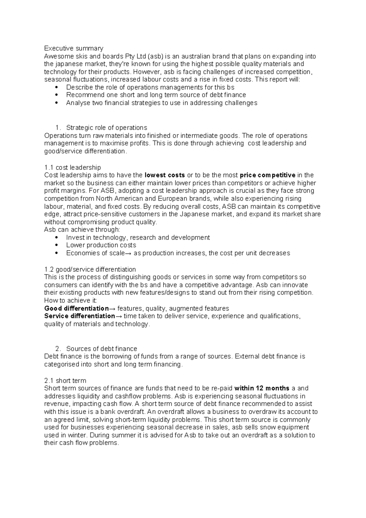 Business Report: Operations Management & Financial Strategies for ASB ...