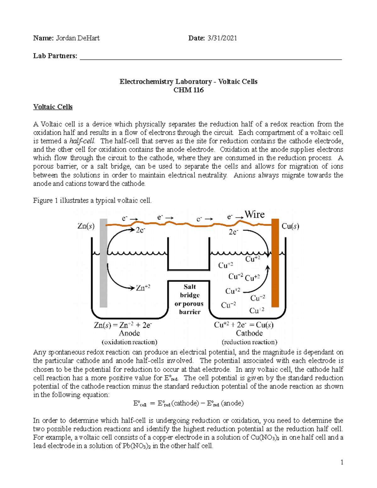 Lab 8 CHM 116 Electrochemistry: Exploring Voltaic Cells and Batteries ...
