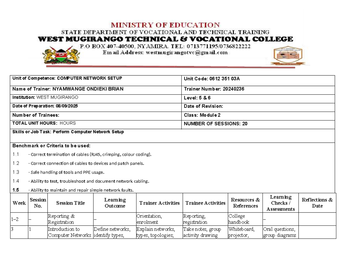 Networking Session Plan: Computer Network Setup (0612 351 03A) - Studocu