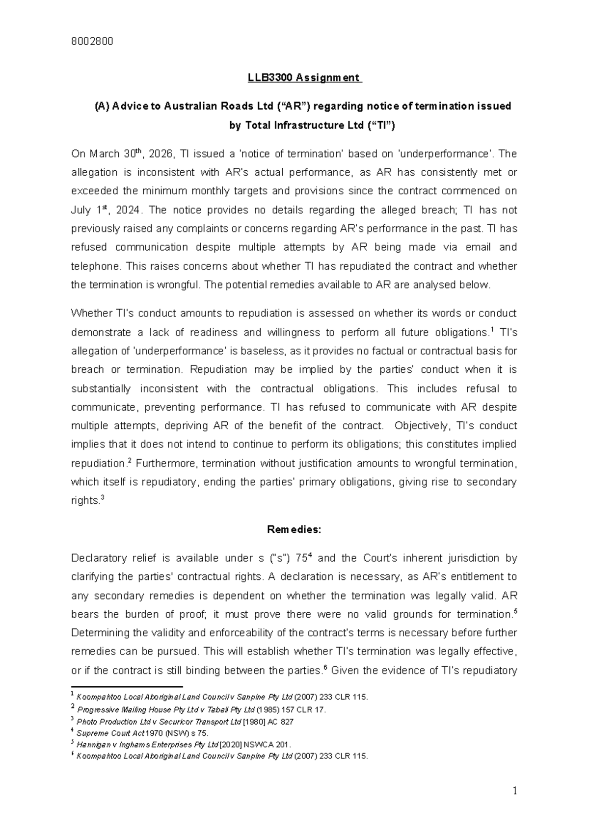 8002800 LLB3300 Assignment (A) Legal Advice on Contract Termination ...