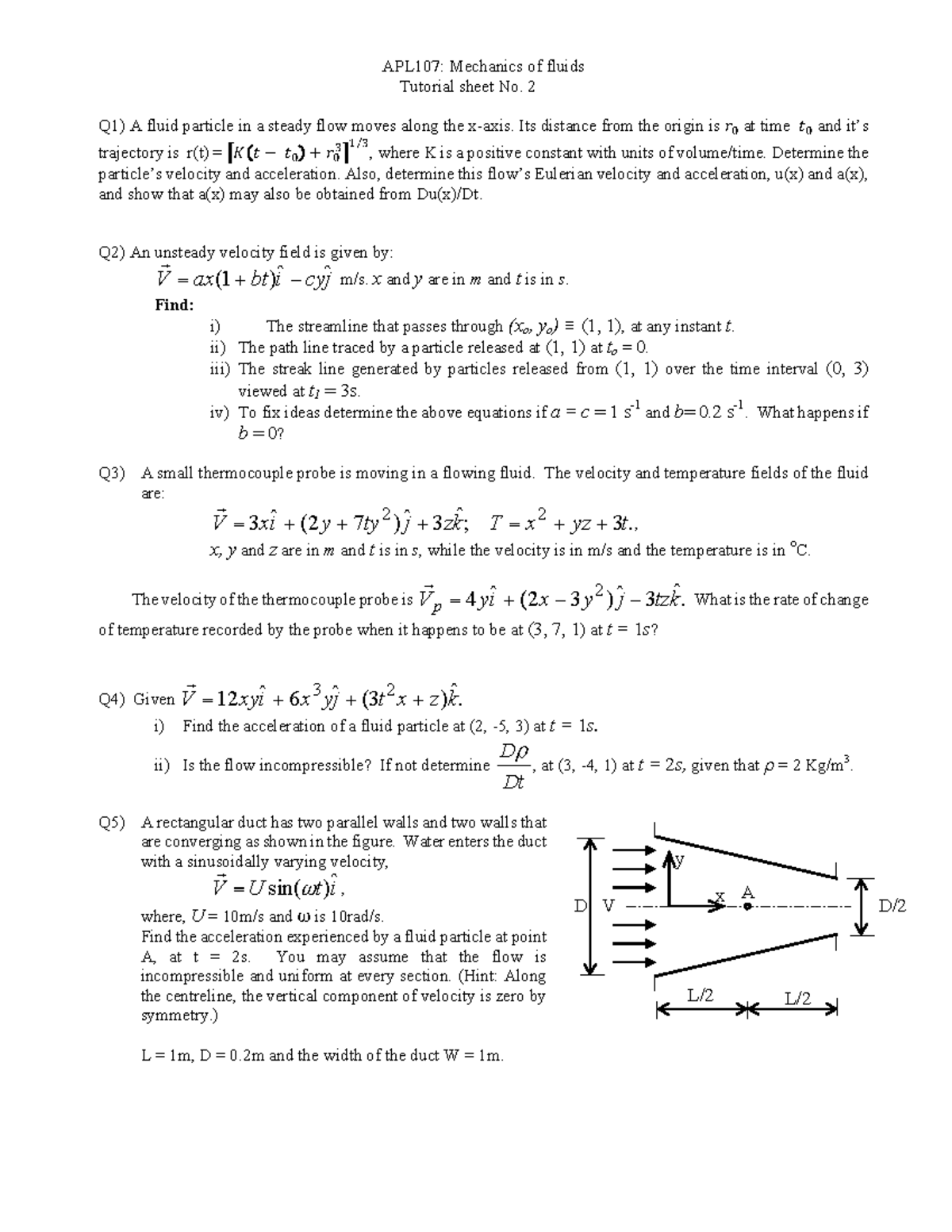 APL107 Tutorial 2 - Fluid Mechanics Questions and Solutions - Studocu