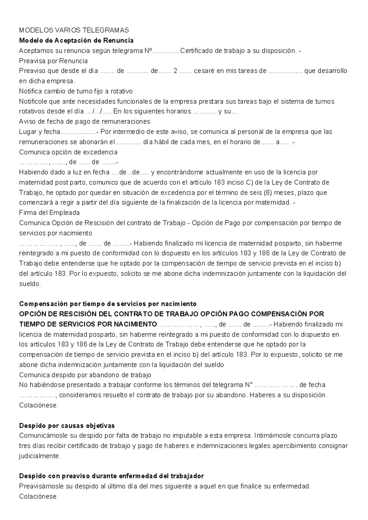 Modelo de Telegrama Laboral Despido y Renuncia - Studocu