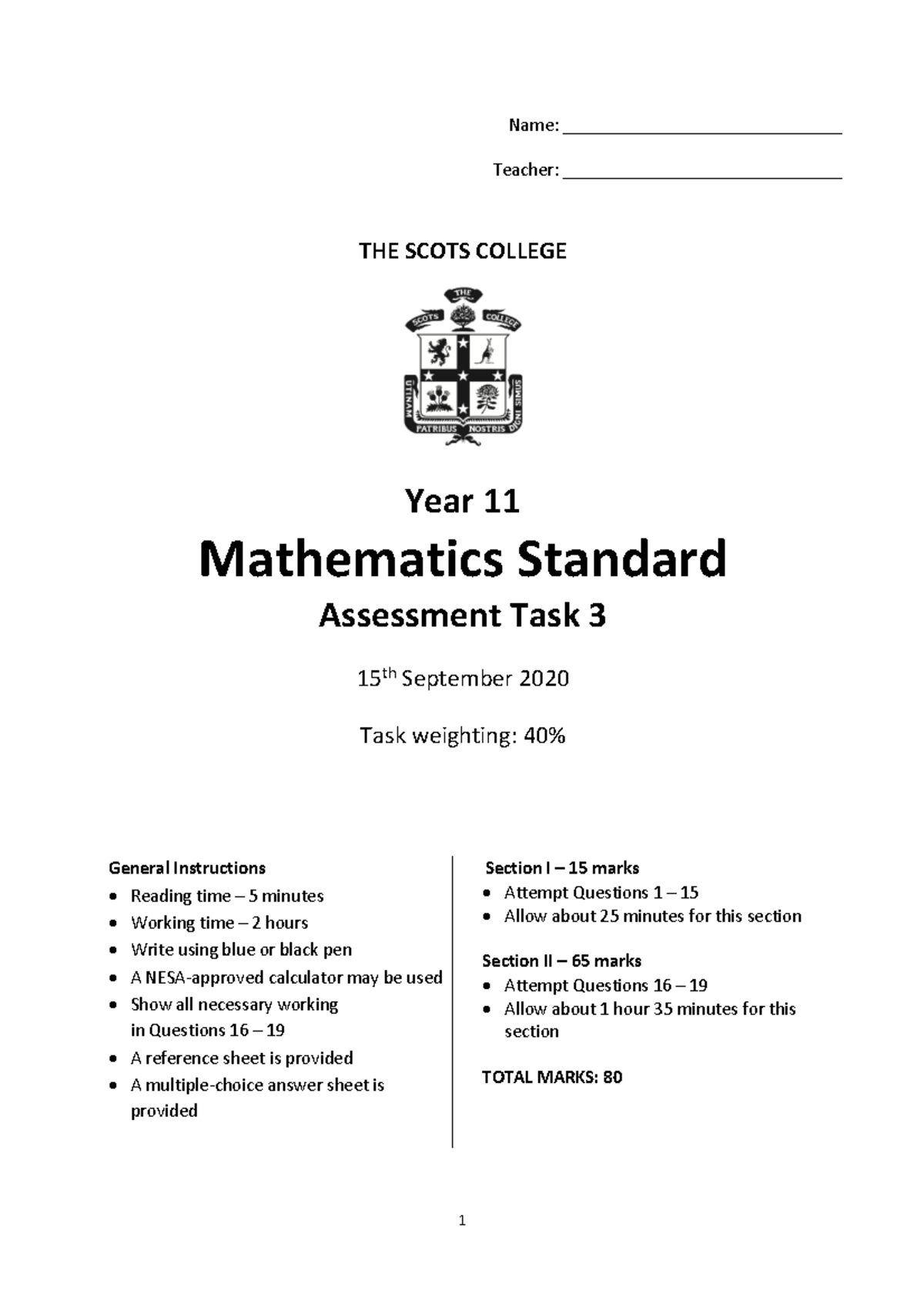 Year 11 Mathematics Standard Assessment Task 3 - 2020 - Studocu