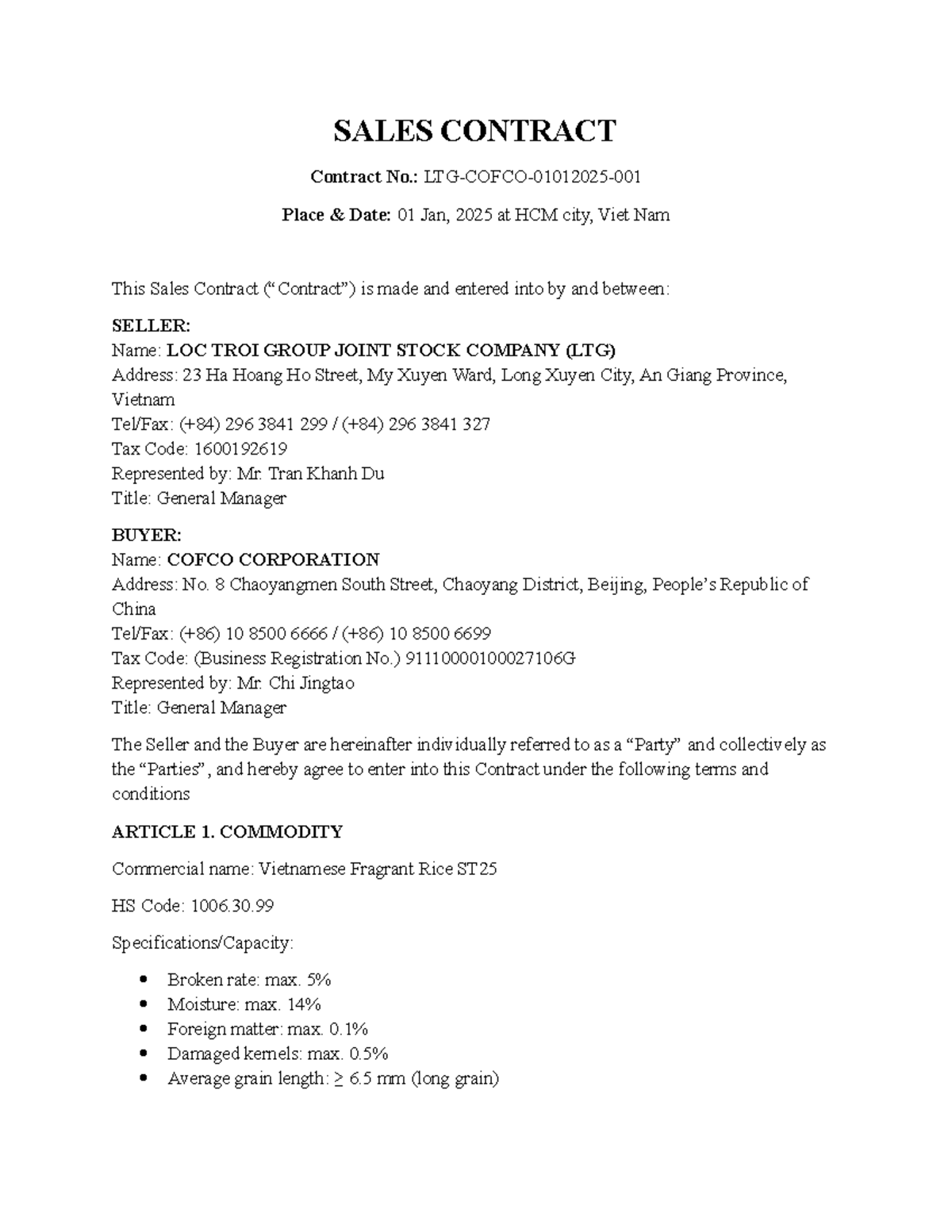 SALES CONTRACT No. 01/2025 for Vietnamese Fragrant Rice ST25 - Studocu