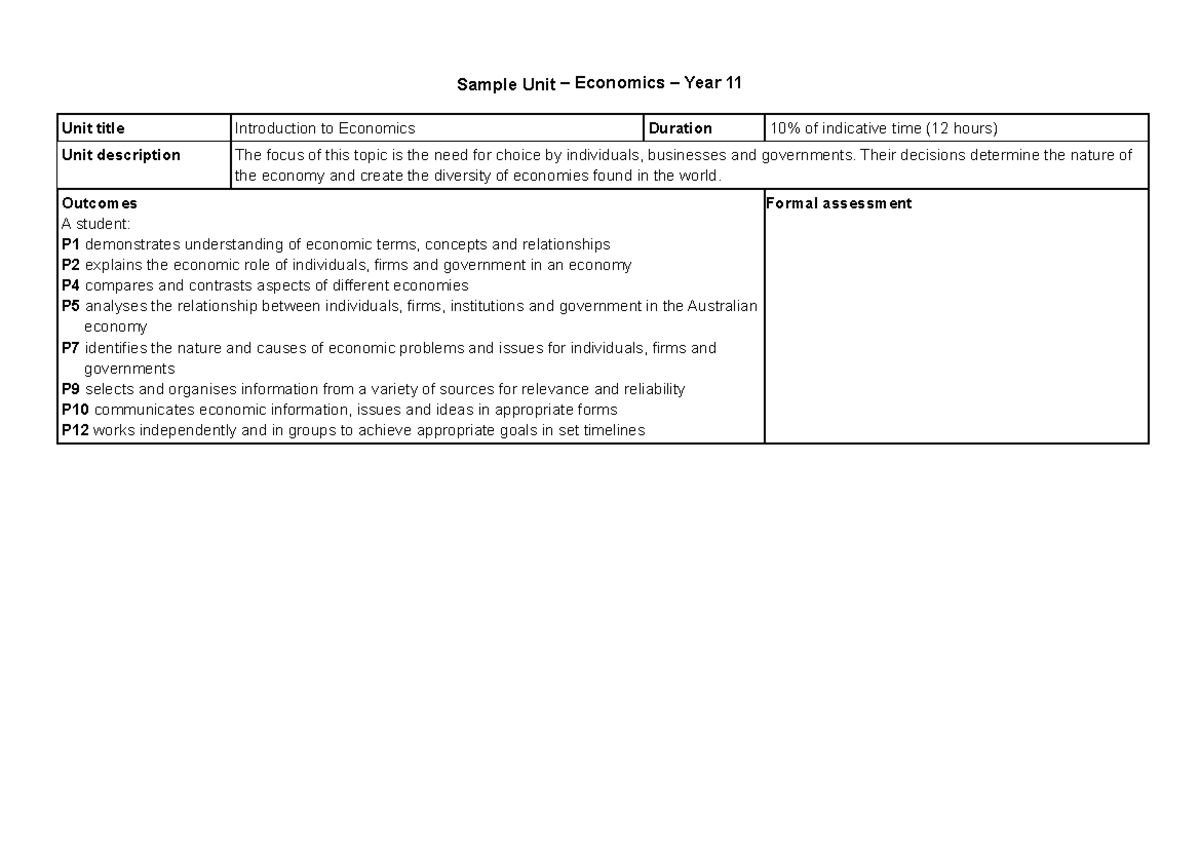 Economics Year 11 Sample Unit: Introduction to Economic Concepts - Studocu