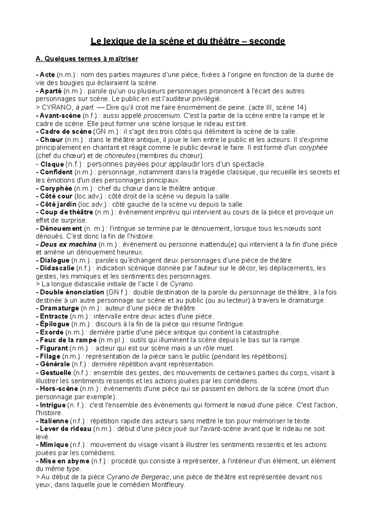 Le lexique de la scène et du théâtre – seconde (2nde) Note de cours ...