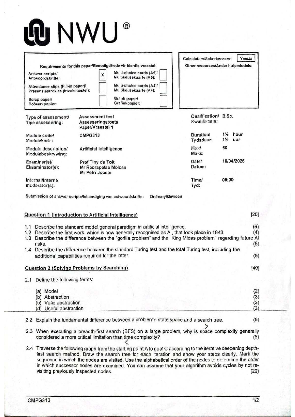 CMPG313 Semester Test - Practice Material for AI - Studocu