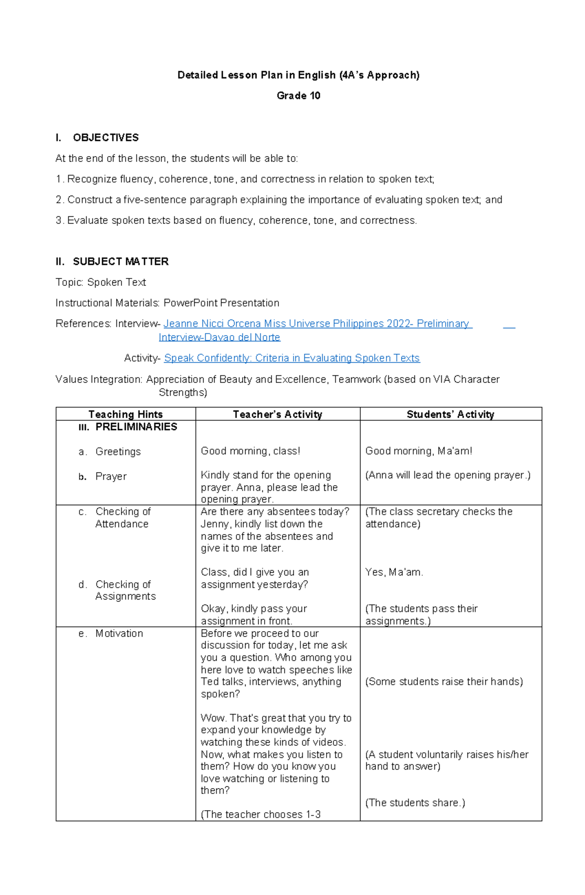 Grade 10 English Lesson Plan: Evaluating Spoken Texts & Criteria - Studocu