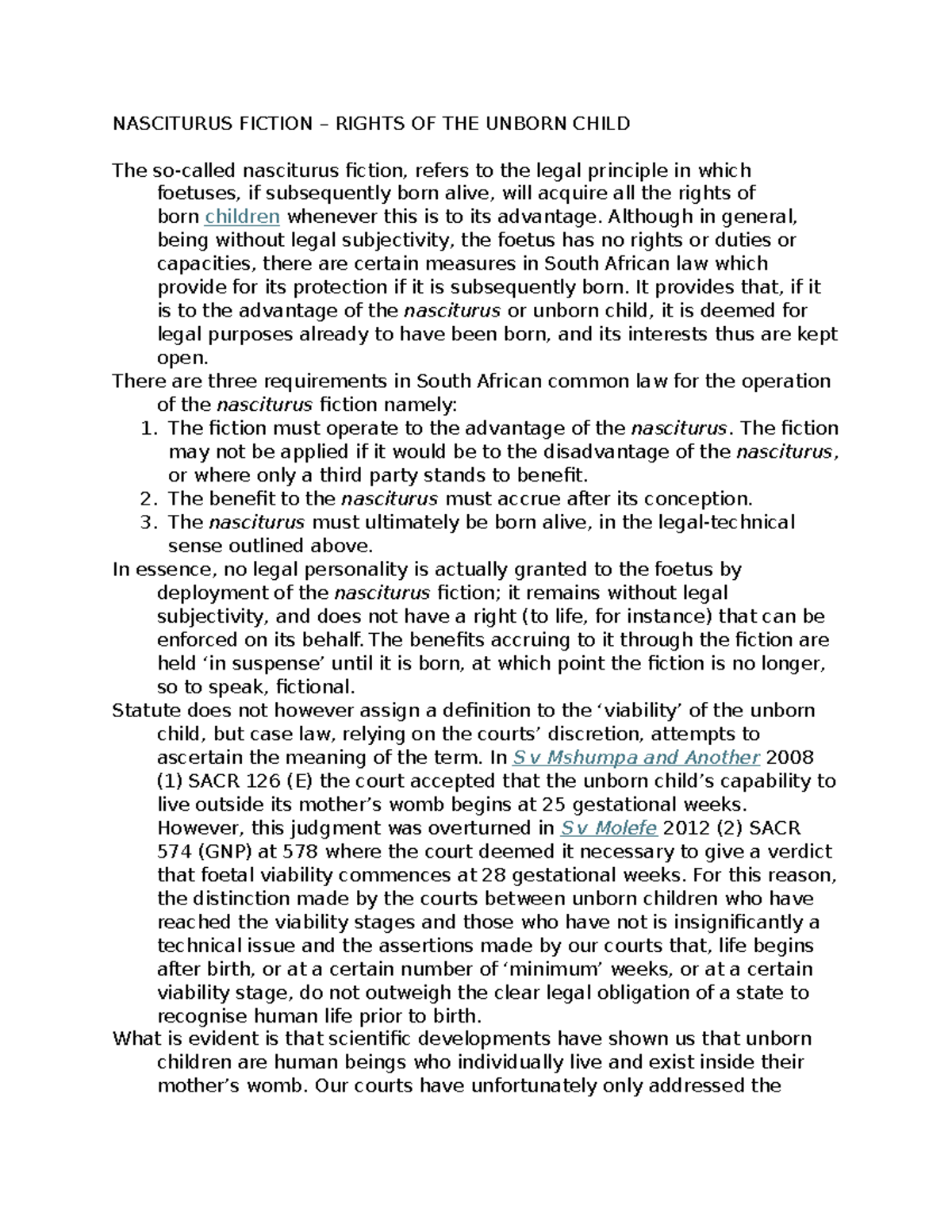 NASCITURUS FICTION: Legal Rights of the Unborn Child in SA - Studocu