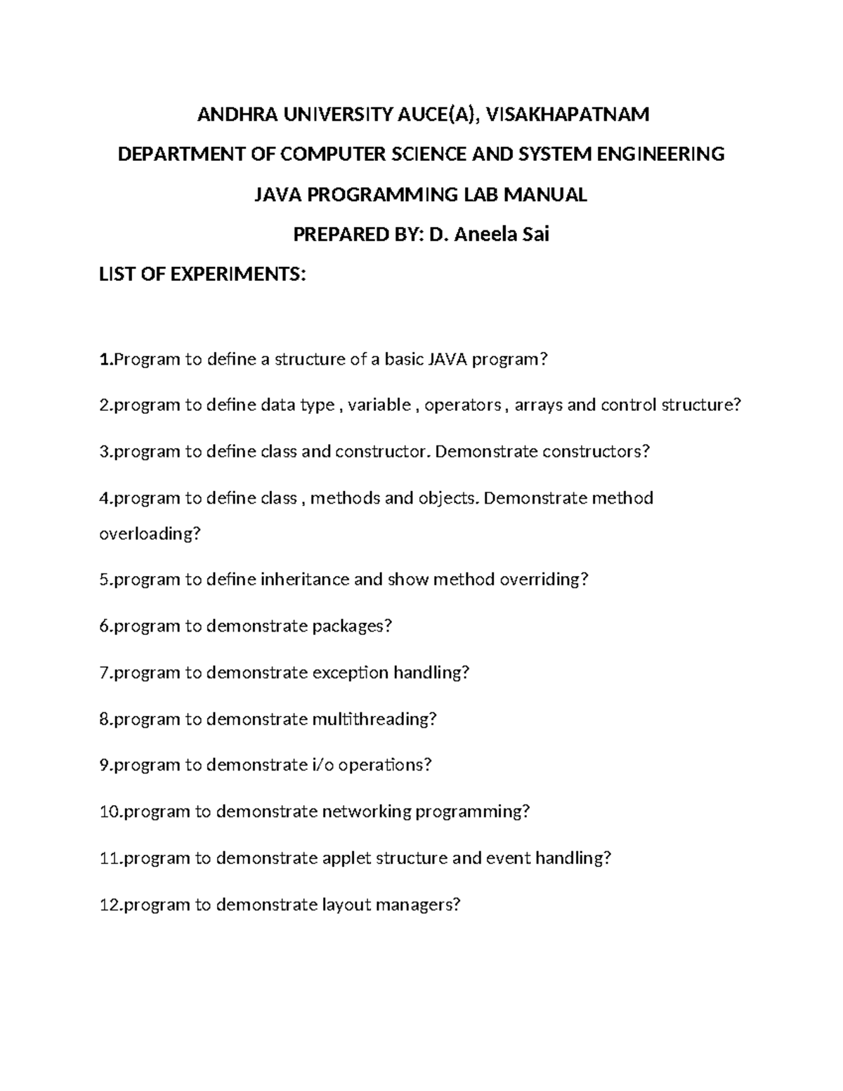 JAVA LAB Manual - AUCE(A) Computer Science Experiments - Studocu