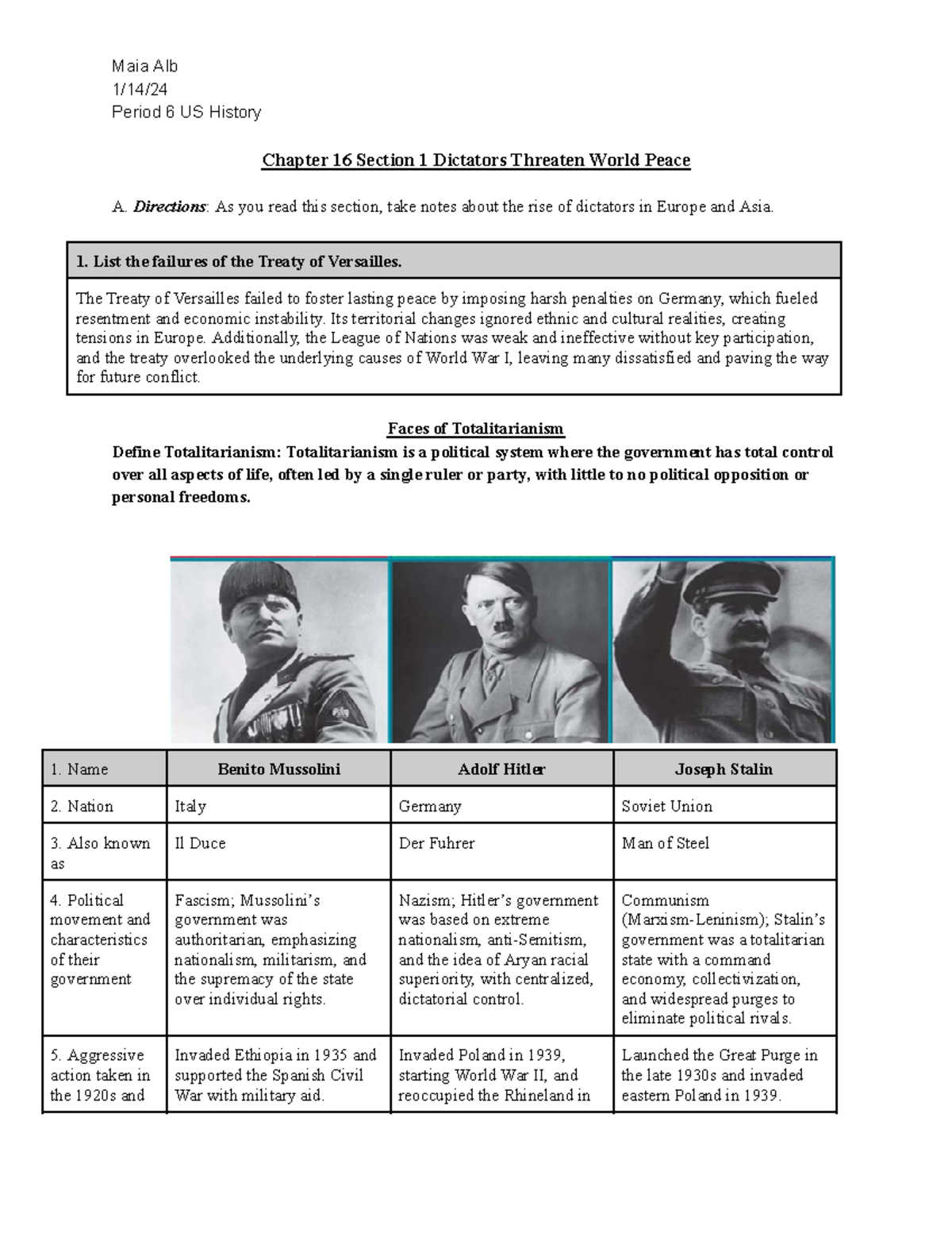 Copy of Ch 16 Sec 1 Dictators Threaten World Peace - 1/14/ Period 6 US ...