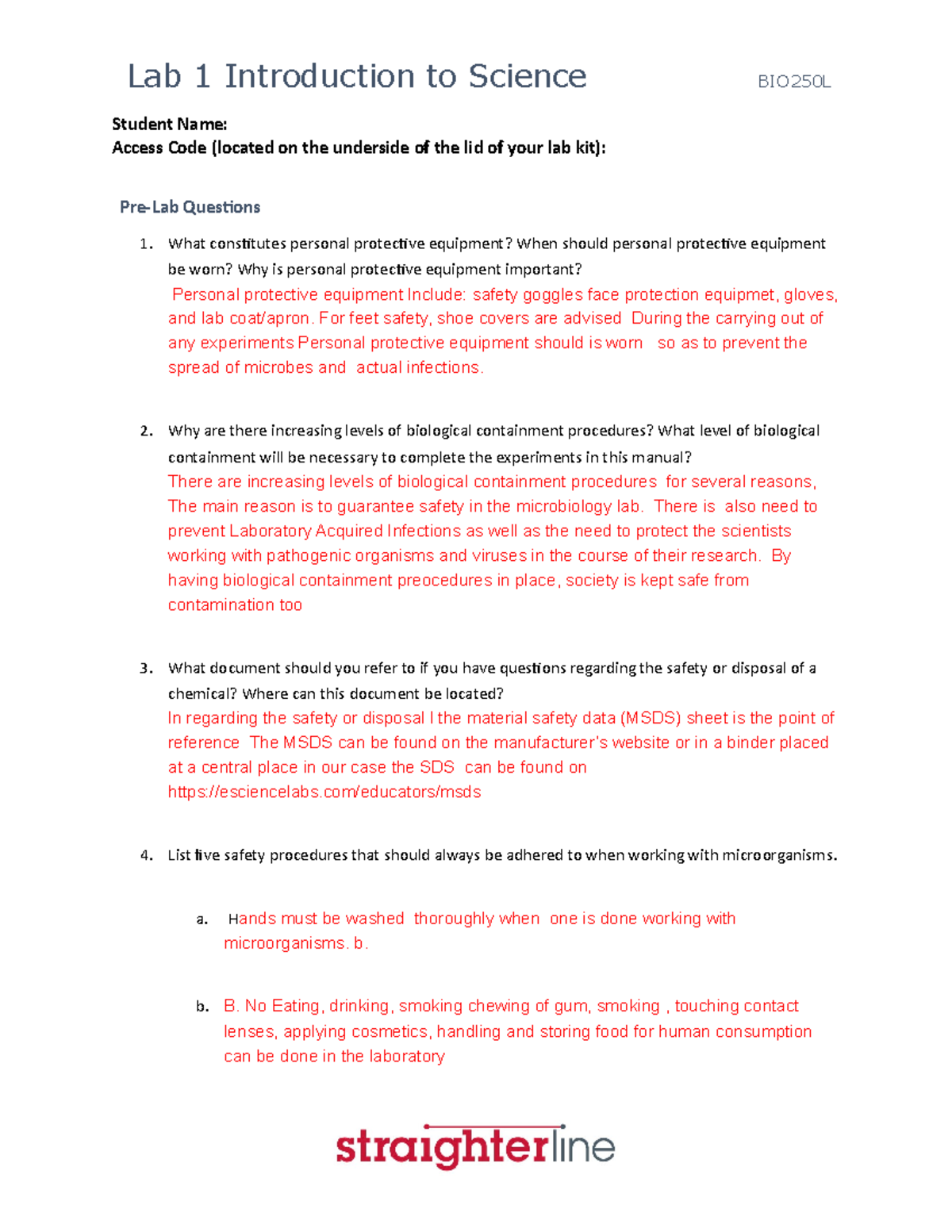 BIO250L+V2+Lab+1 Complete DOC - 1 Introduction to Science Student Name: Access Code (located on ...