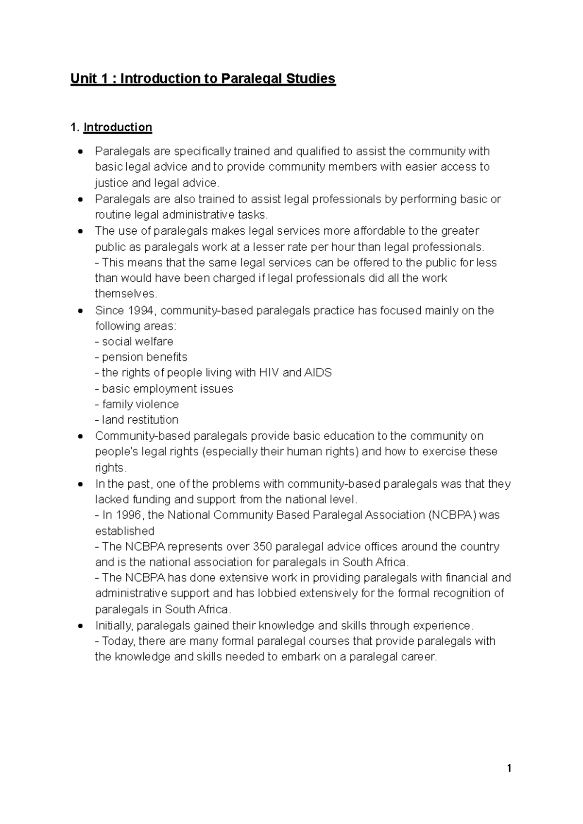 PAR1501 - Unit 1 - Overview of Paralegal Studies Principles - Studocu