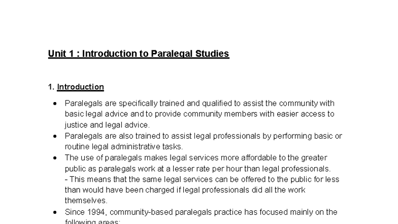PAR1501 - Unit 1 - Overview of Paralegal Studies Principles - Studocu