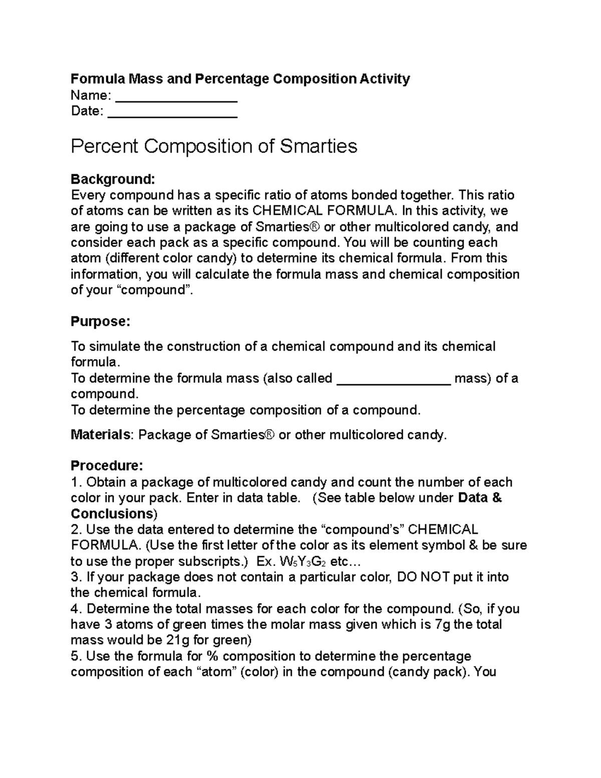 Percent Composition Lab 6: Calculating Chemical Formulas & Mass - Studocu
