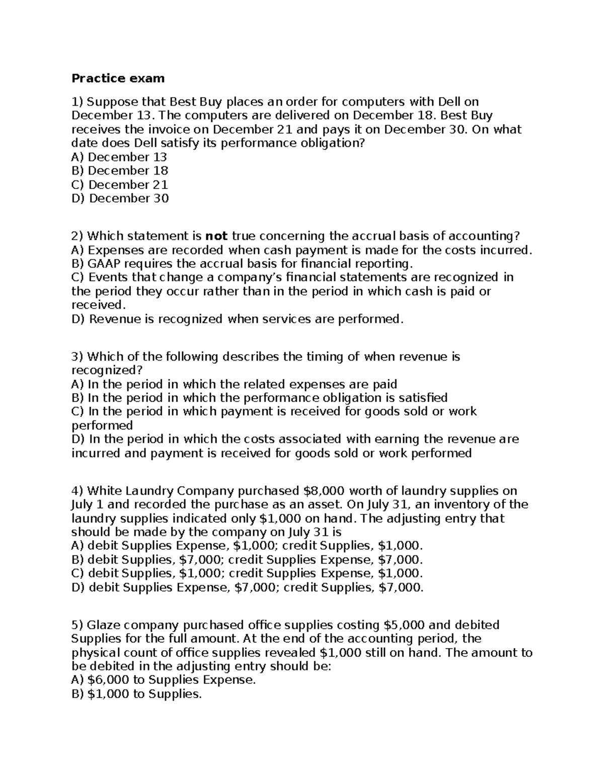 Financial Accounting Practice Exam (ACC 101) and Adjusting Entries ...