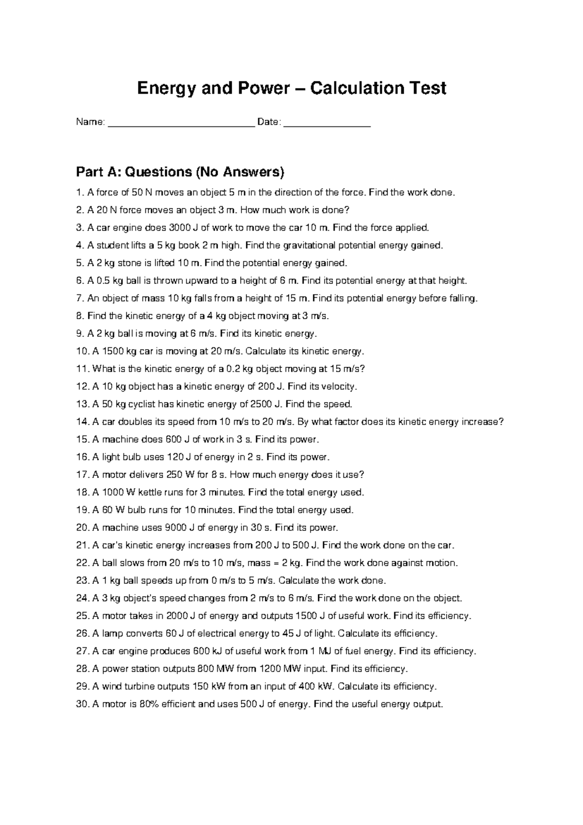 Energy and Power Calculations Test (EPCT) - Questions Only - Studocu