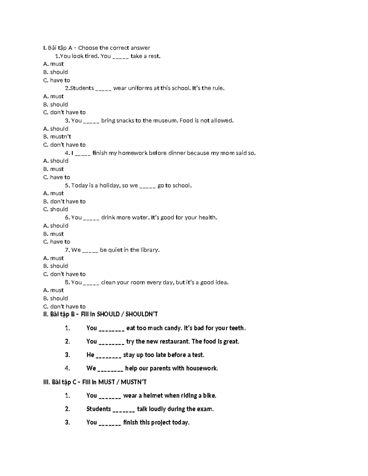 Bài tập ôn luyện - Modal Verbs Exercises for Grade 7 - Studocu