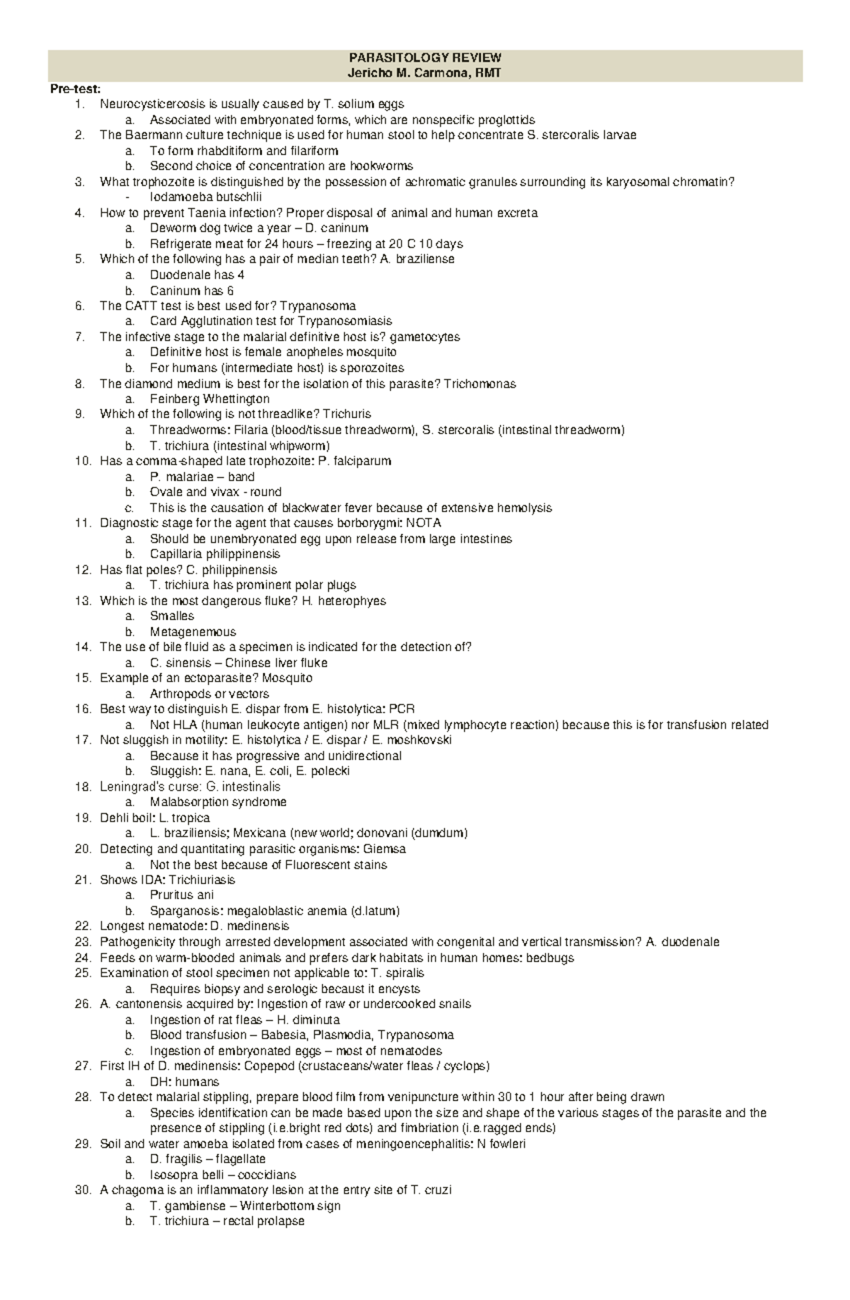 PARASITOLOGY REVIEW (RMT) - Key Concepts and Techniques - Studocu