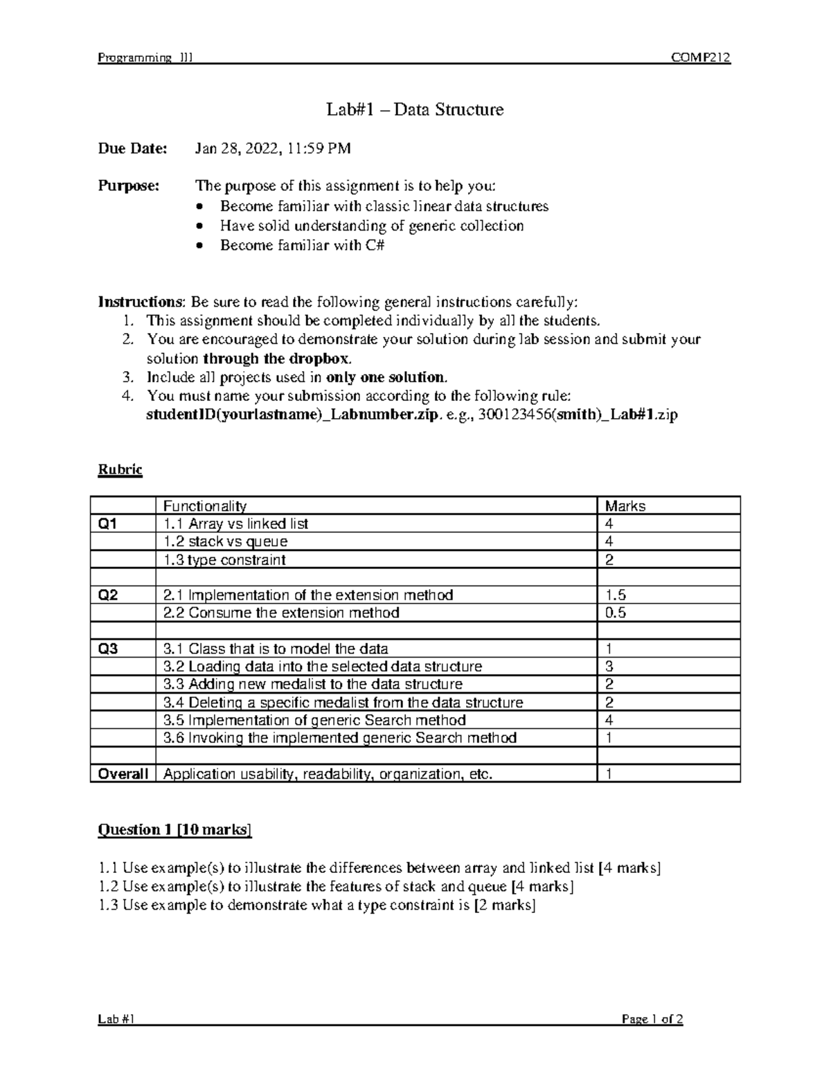 Lab#1 - asdasd - Programming III COMP Lab #1 Page 1 of 2 Lab#1 – Data ...