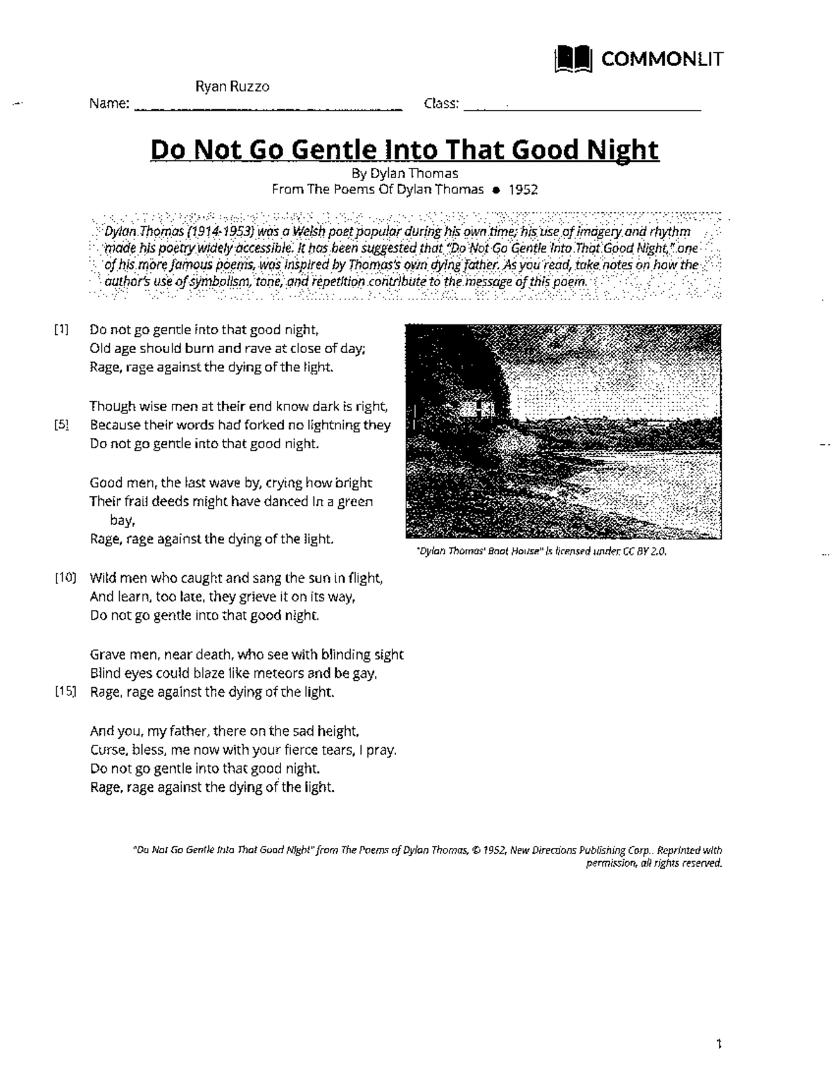 ENG 201 - Analysis of Dylan Thomas' "Do Not Go Gentle Into That Good ...