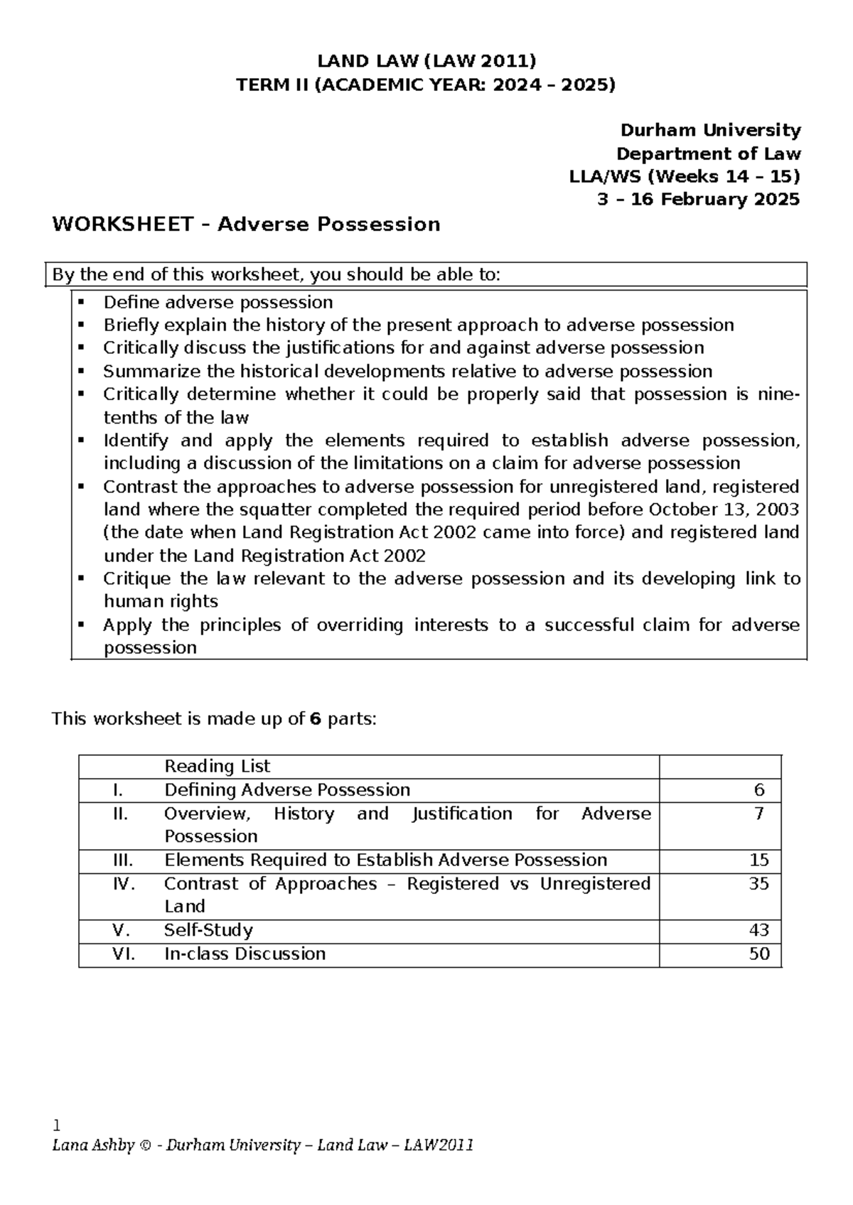 Adverse Possession in Land Law (LAW 2011) - Term II Overview and ...