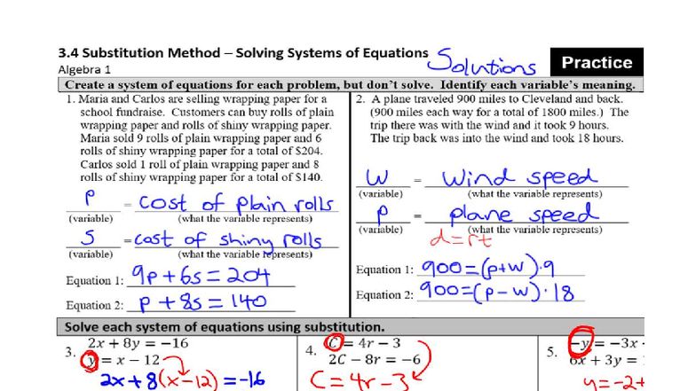 Algebra 1: Solving Systems of Equations Using Substitution Method - Studocu
