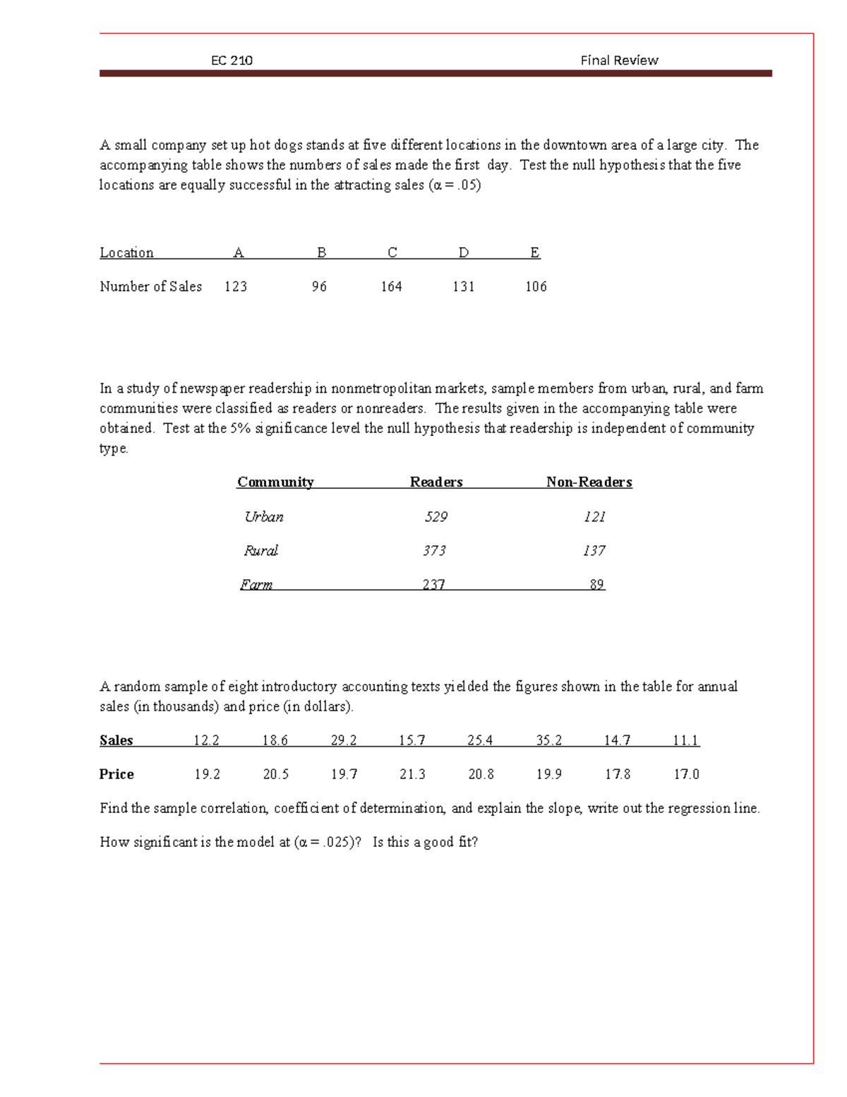 EC 210 Final Exam Review: Hypothesis Testing & Regression Analysis ...