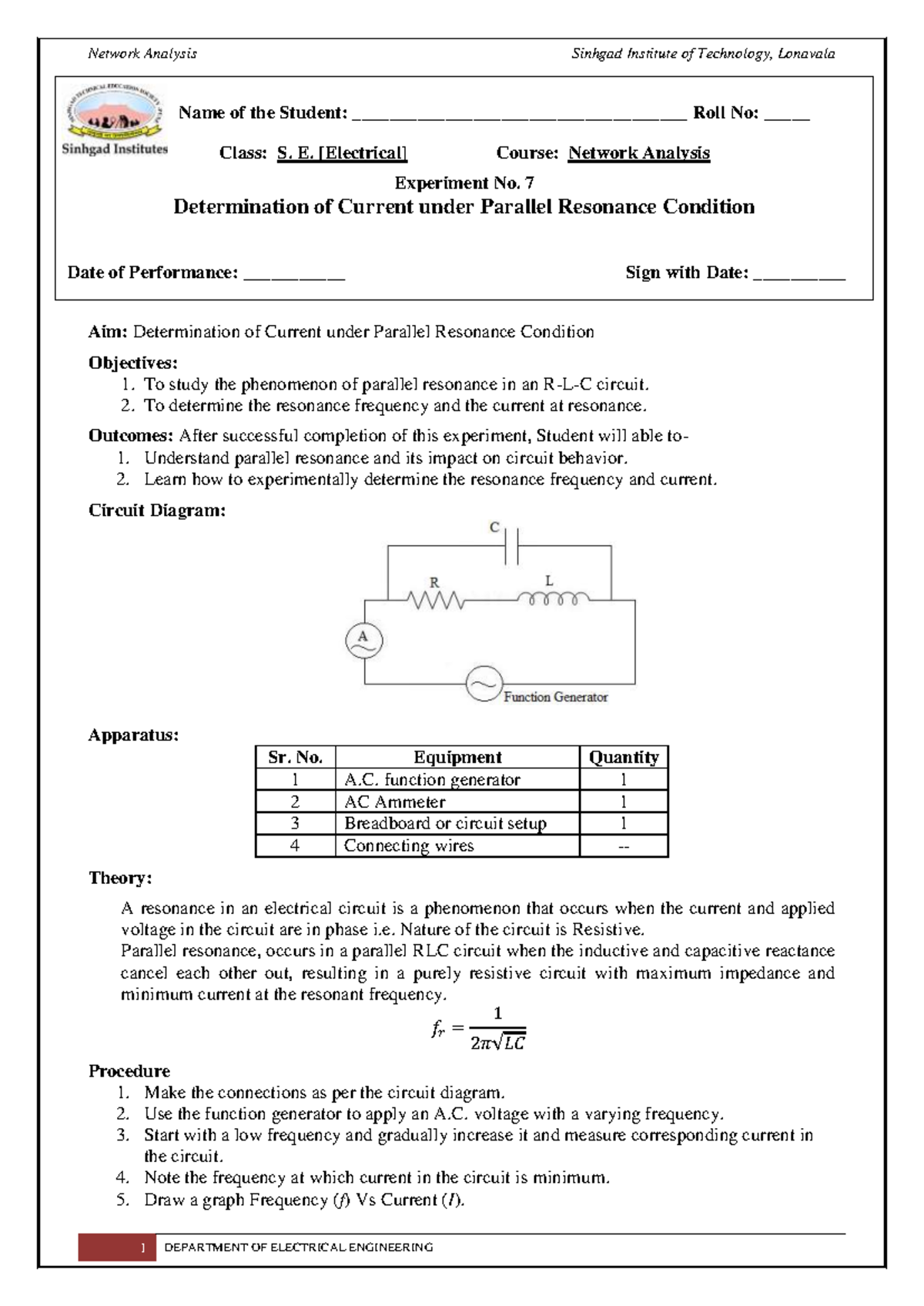 Network Analysis Experiment 7: Current Determination in Parallel ...