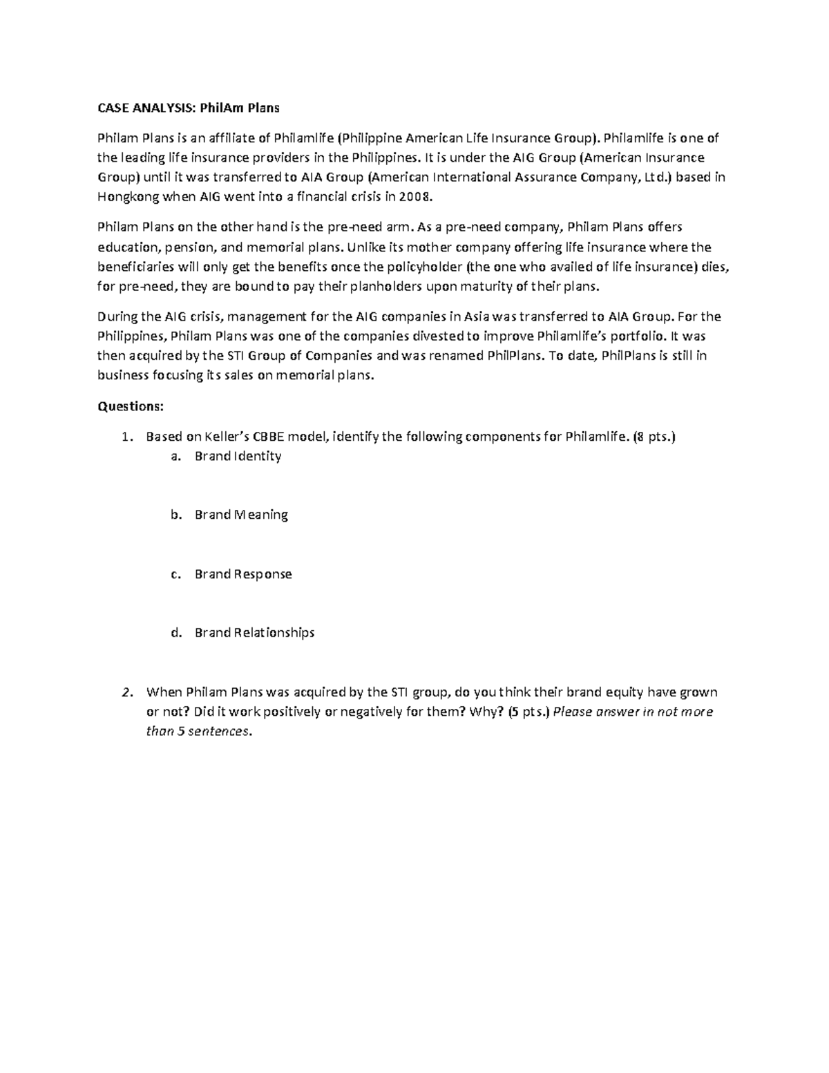 Case Analysis: PhilAm Plans Brand Identity and Equity Evaluation - Studocu