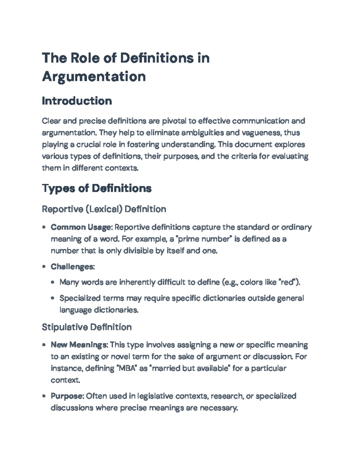 The Role of Definitions in Argumentation: Types & Evaluations - Studocu