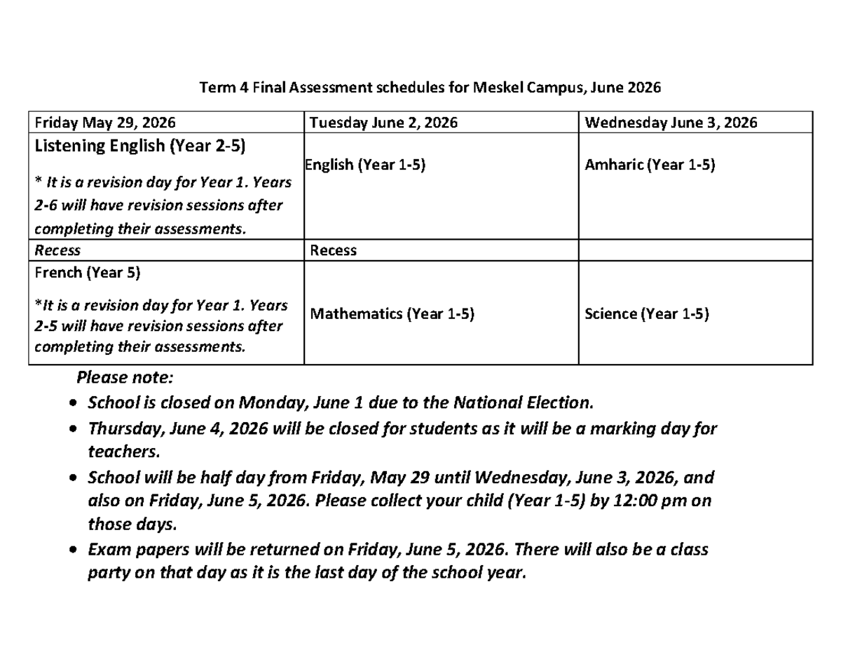Meskel Campus Term 4 Final Assessment Schedule, June 2026 - Studocu