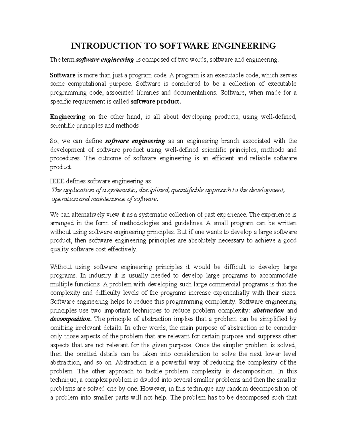 Introduction to Software Engineering: Principles and Practices - Studocu