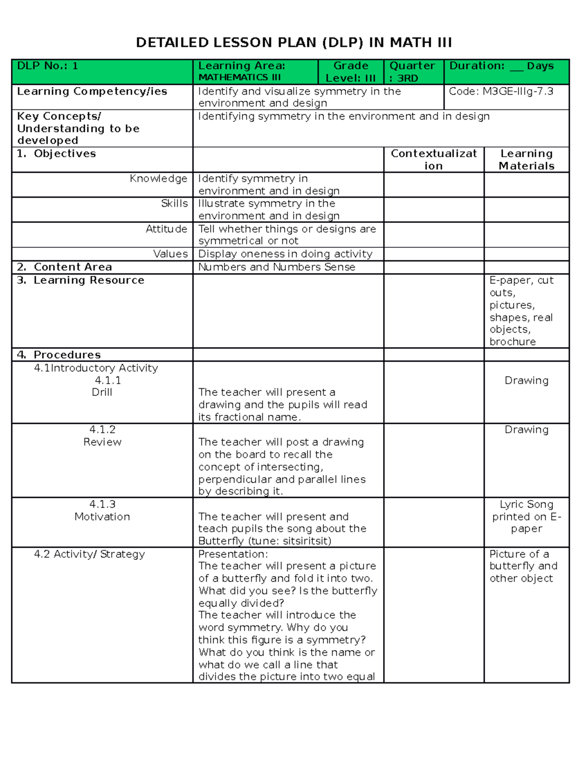 Detailed Lesson PLAN DLP IN MATH III Lea - DETAILED LESSON PLAN (DLP) IN MATH III DLP No.: 1 ...