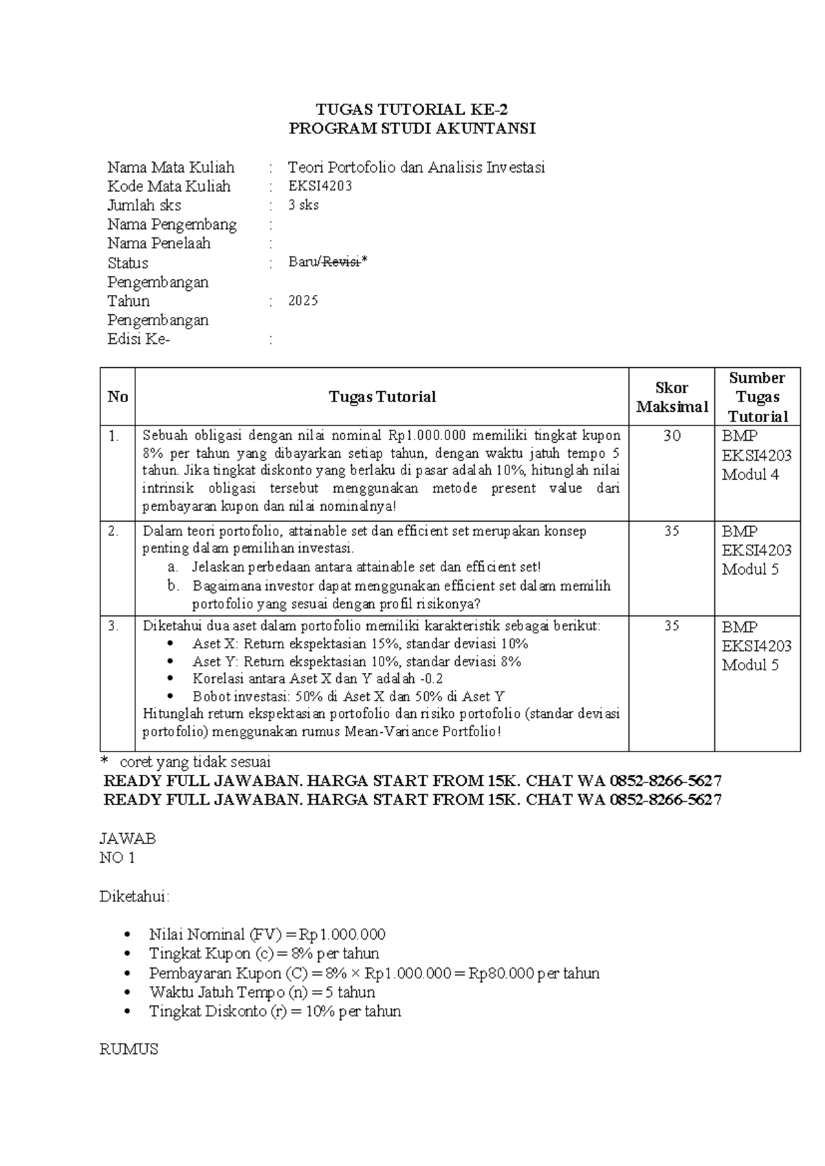 Tugas Tutorial EKSI4203: Teori Portofolio & Analisis Investasi - Studocu