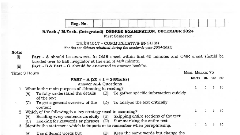 21LEH101T Communicative English Final Exam Question Paper - Dec 2024 ...